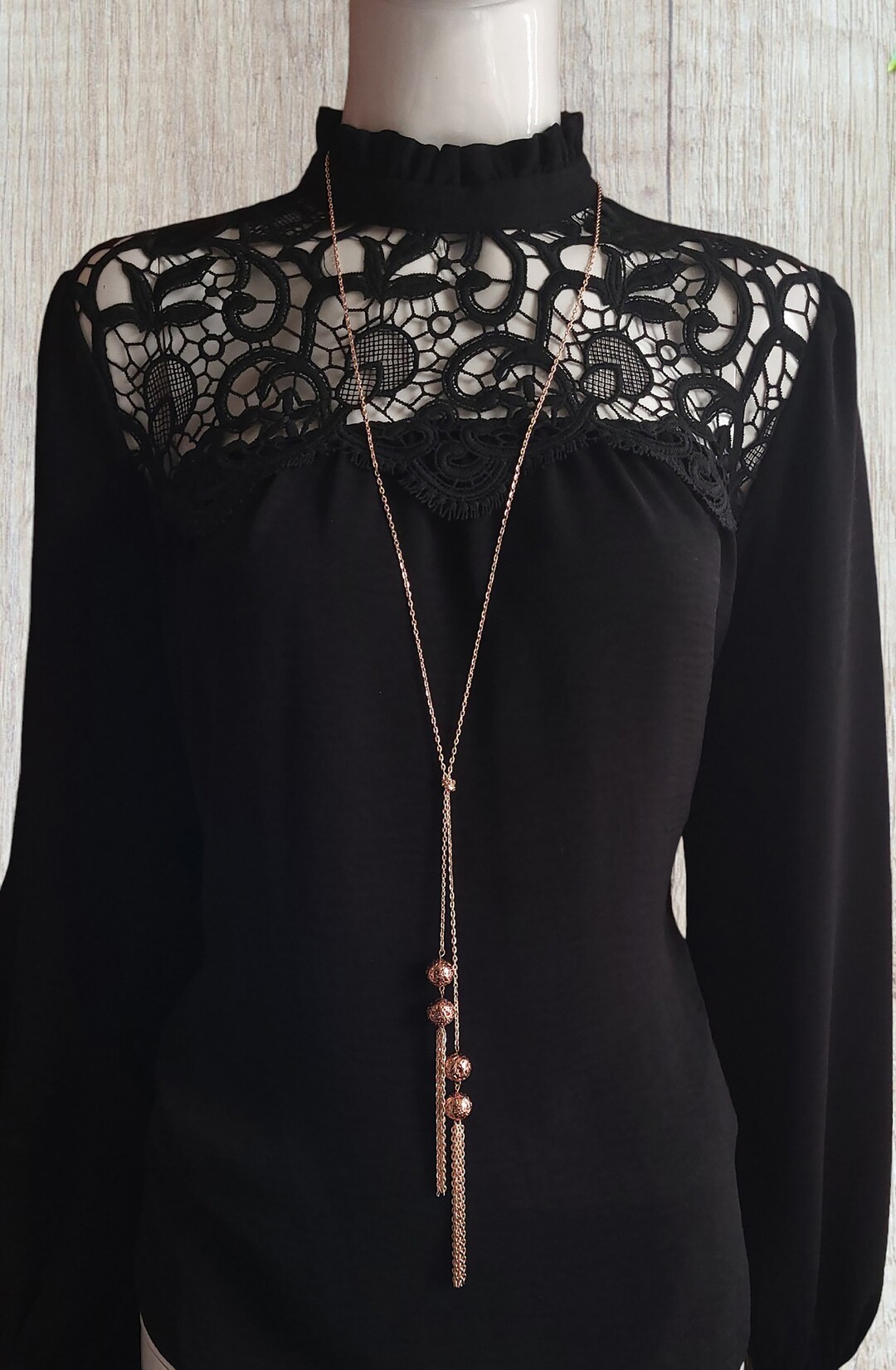 34" Long Rose Gold Tone Knotted Lariat Style Necklace With Natural Lava Beads & Chain Tassel ...