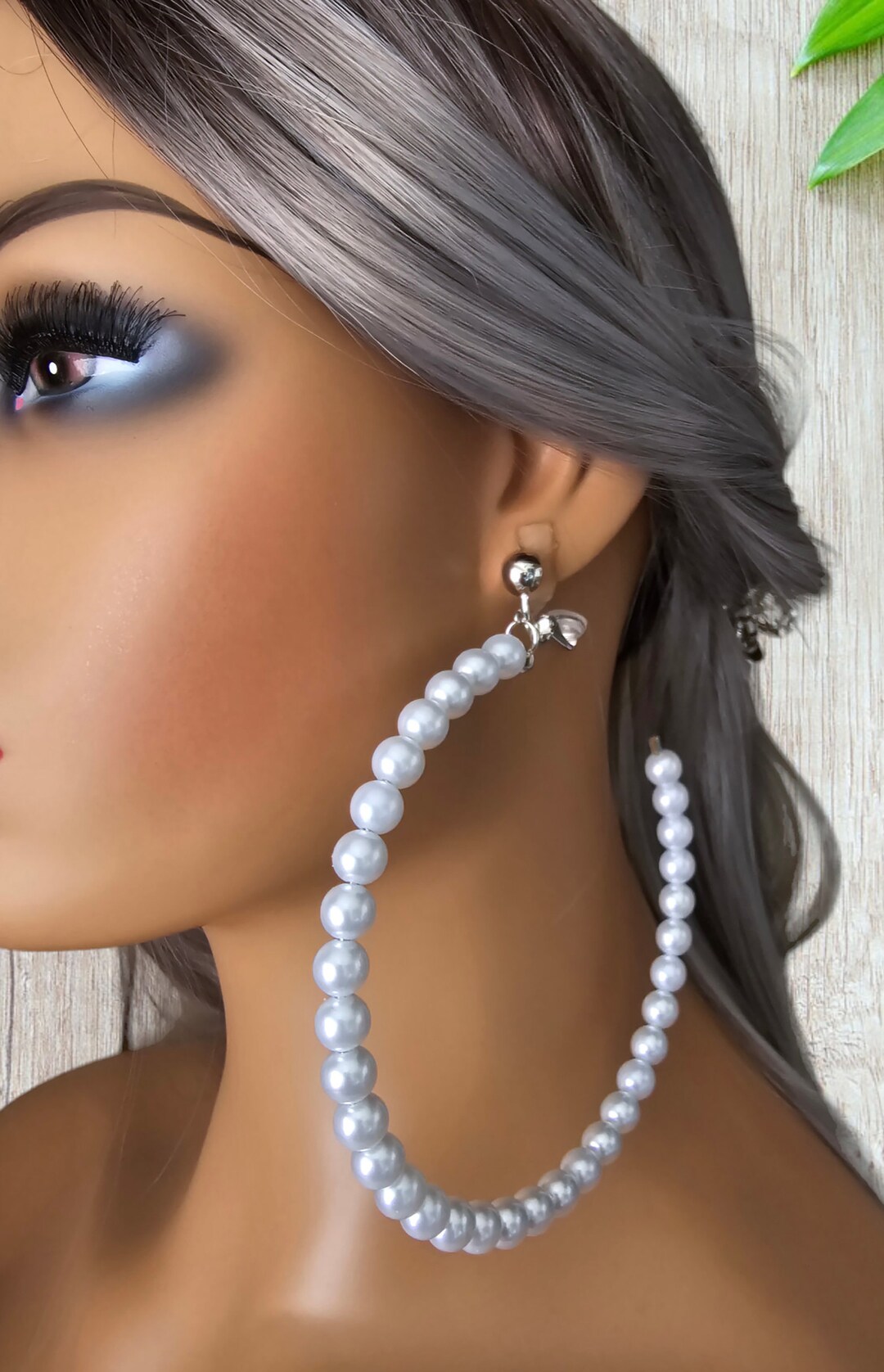 1 Pair HUGE Pearl Bead C Shape CLIP ON Hoop Earrings, 4.5" Long Ivory ...