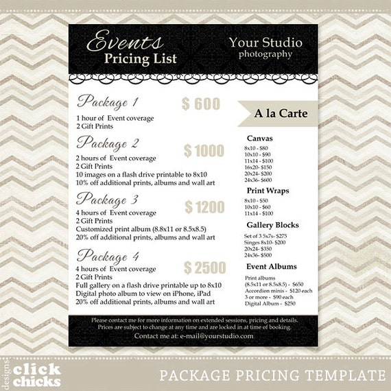 Photography Package Pricing List Template Event Packages Etsy