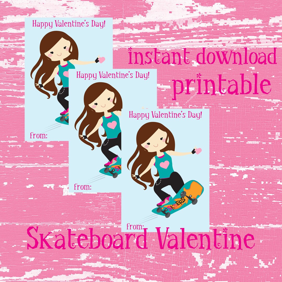Skateboard Girl's Valentine's Day Card Kids Classroom Valentine ...