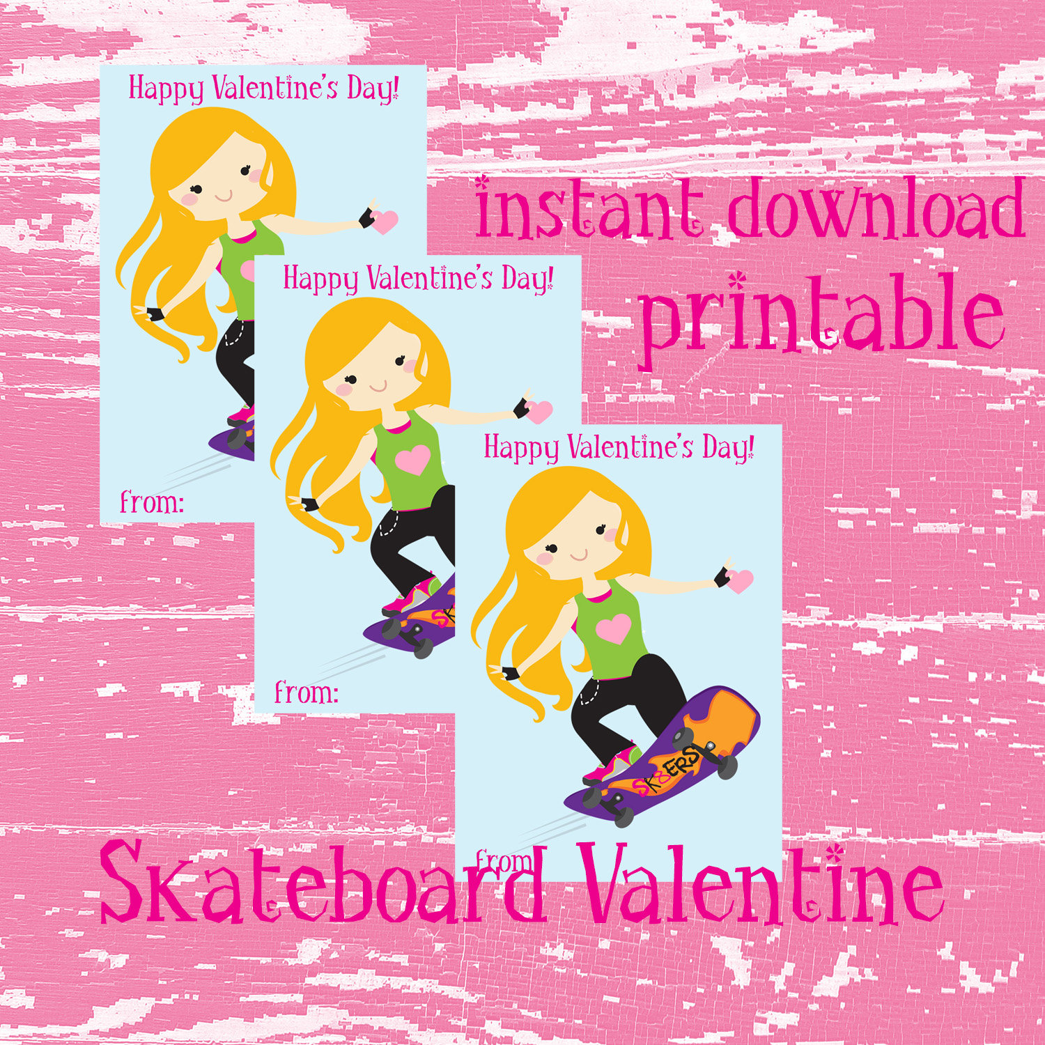 Skateboard Girl's Valentine's Day Card Kids Classroom | Etsy