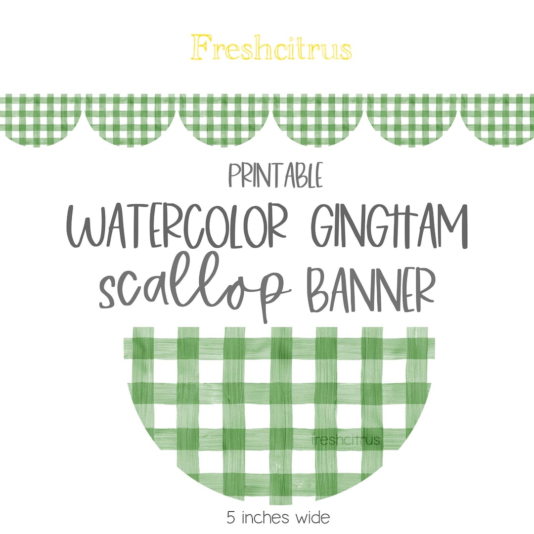 Gingham Scallop Banner Dark Green Watercolor Printable Instant Download ...