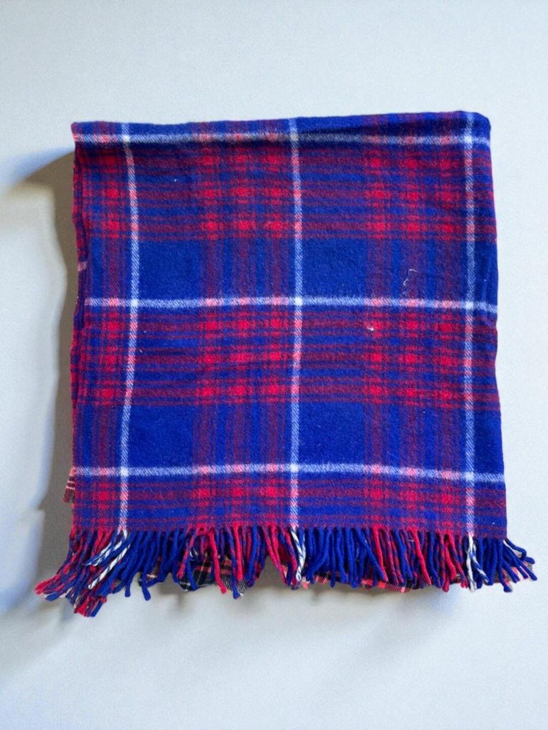 Vintage Troy Leisure Blanket Fringed Lap Throw Plaid Blue Red 52”x56 ...