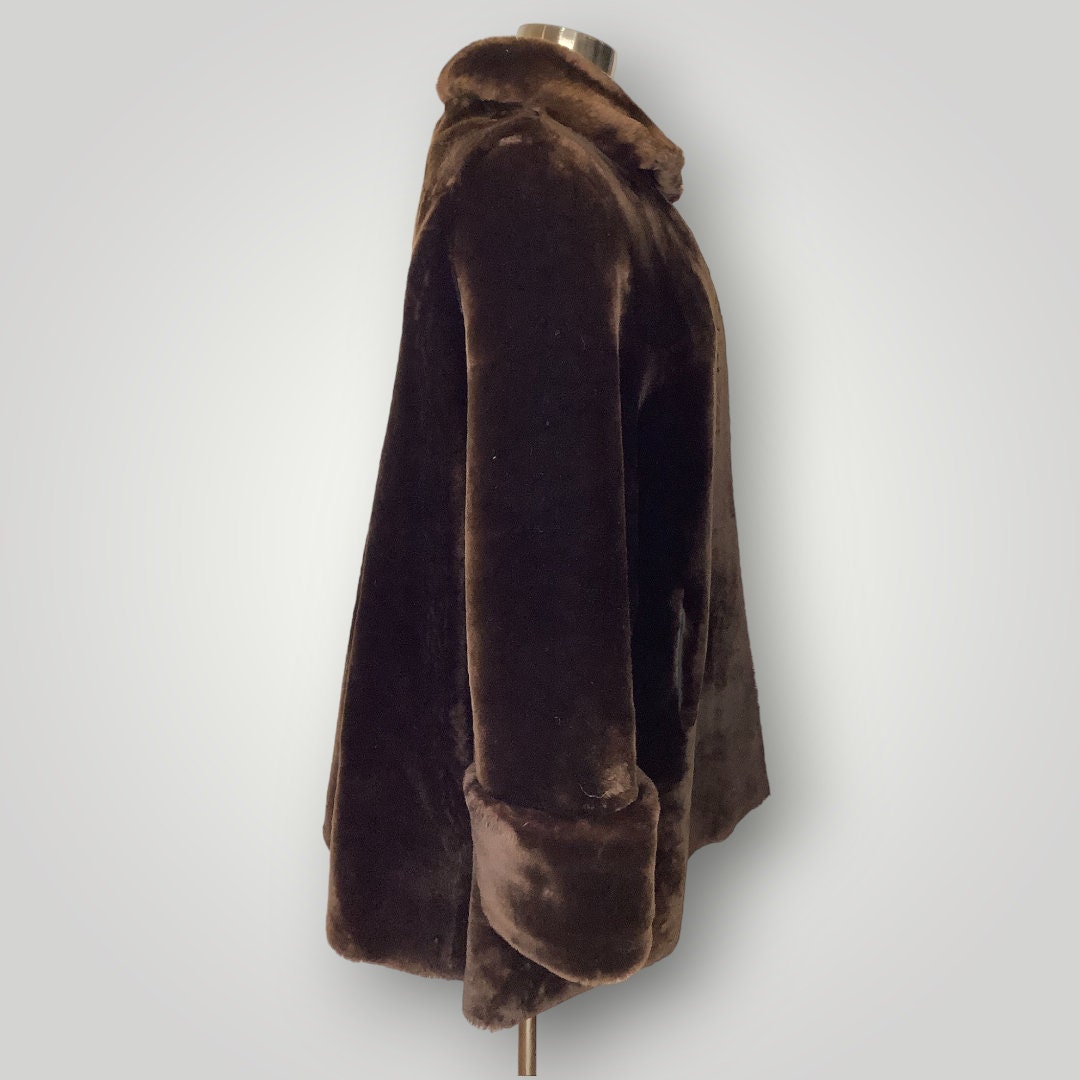 Vintage 1960s Mouton Fur Coat Brown Swing Cuffed Luxury Fits S/M/L ...