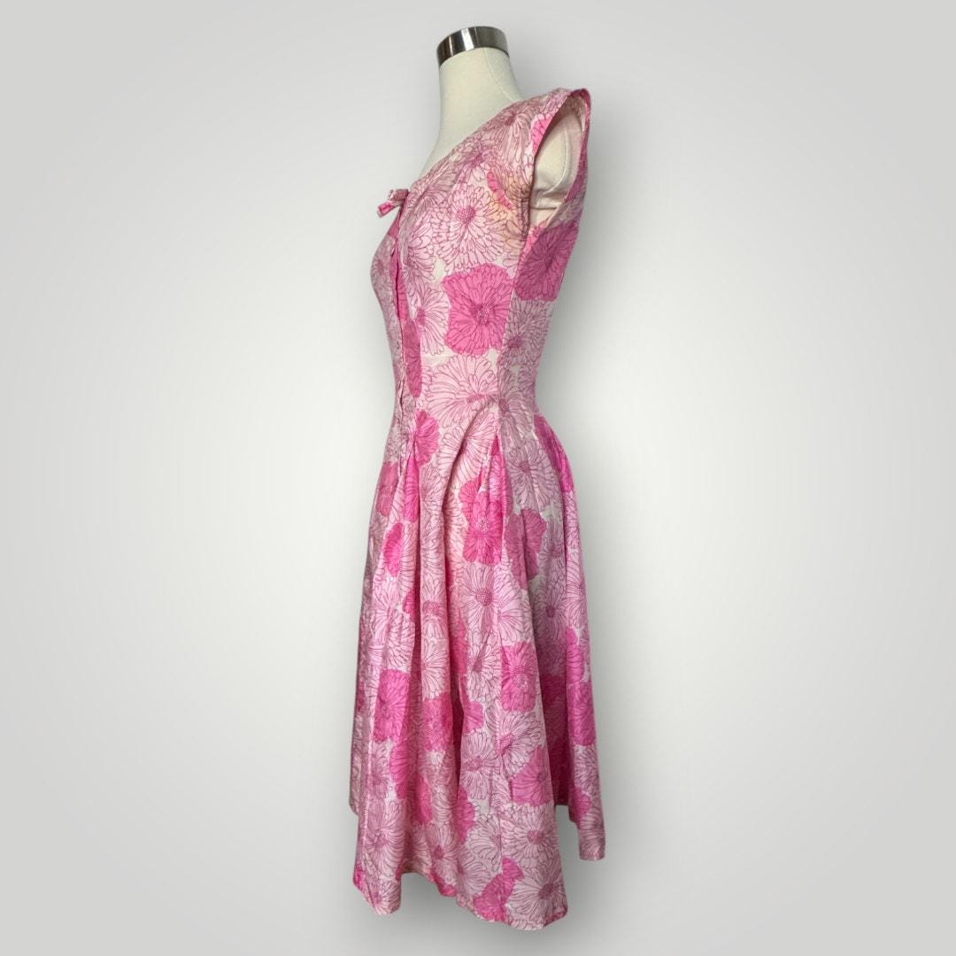 Vintage Pat Hartley 1950s Pink Floral Cocktail Dress Pleated Full Skirt ...