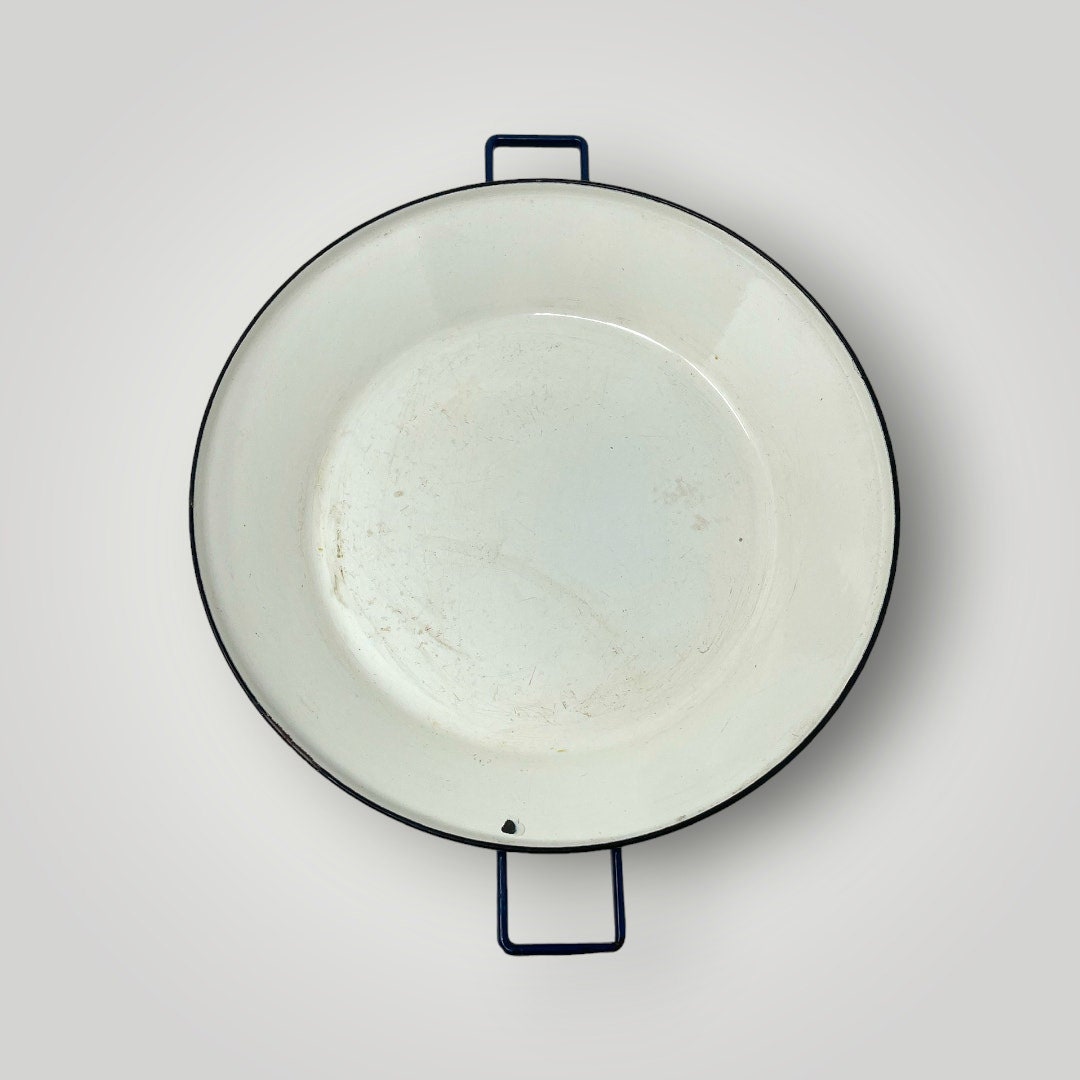 Vtg Finel Arabia Enamelware Pan Large Shallow Navy Blue White Skillet ...