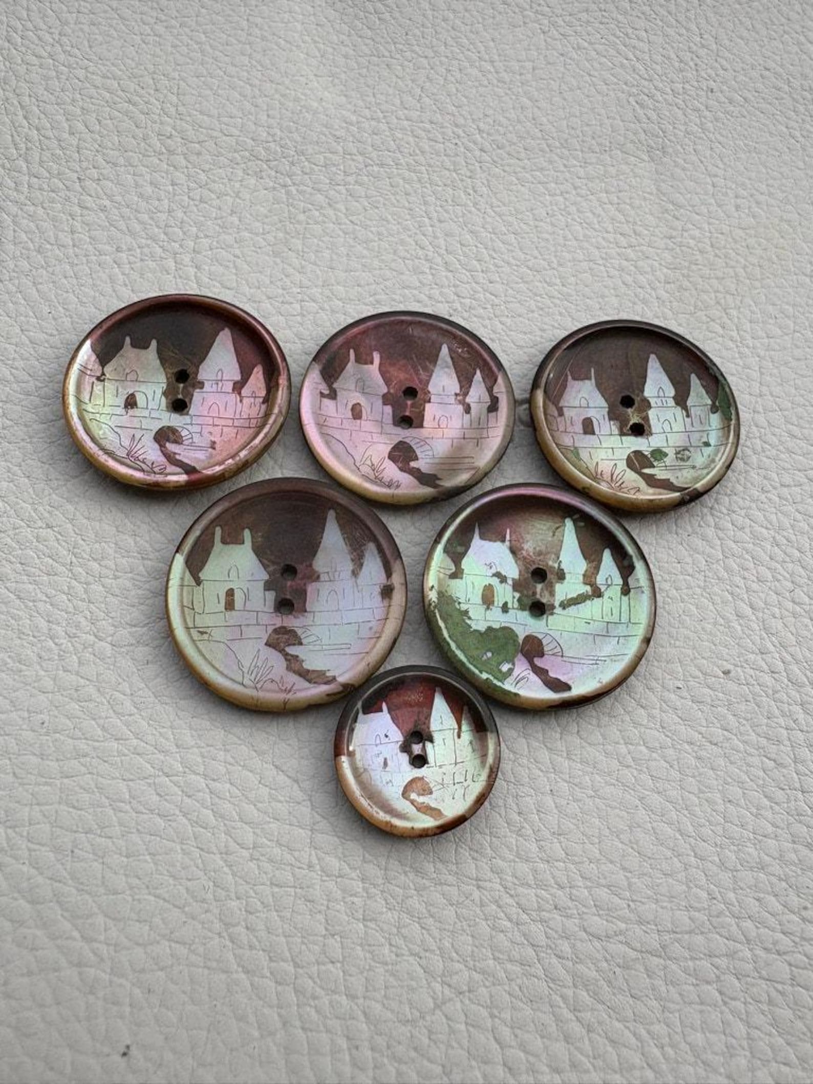 Antique Mother of Pearl Abalone Etched Buttons Set of 6 Village Scene ...