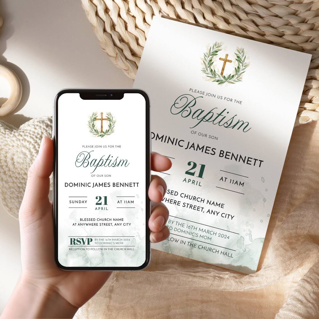 Editable Serenity Green Baptism Invitation Template Baptism Invitation ...