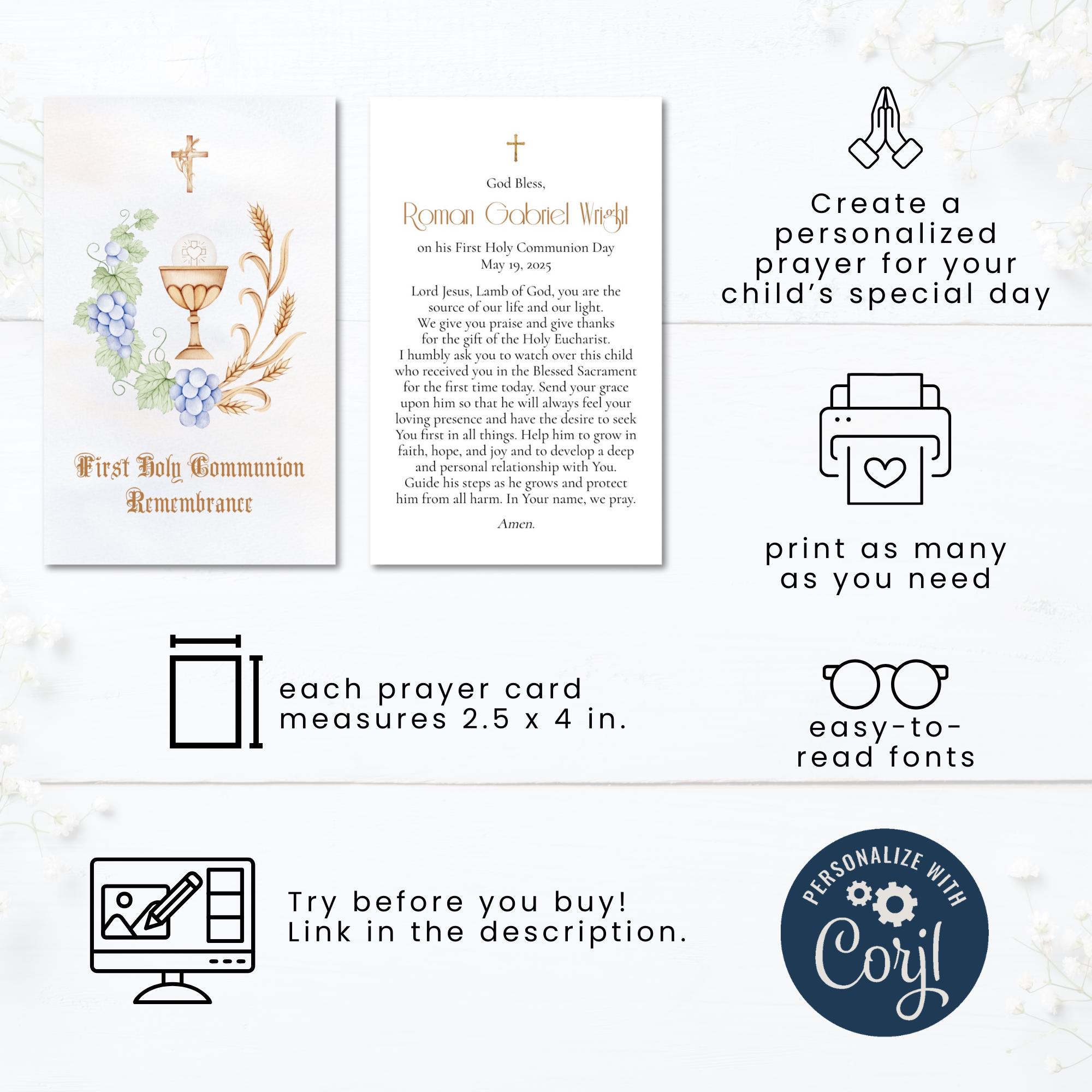 Vintage First Communion Prayer Cards: Editable Corjl Template (digital ...