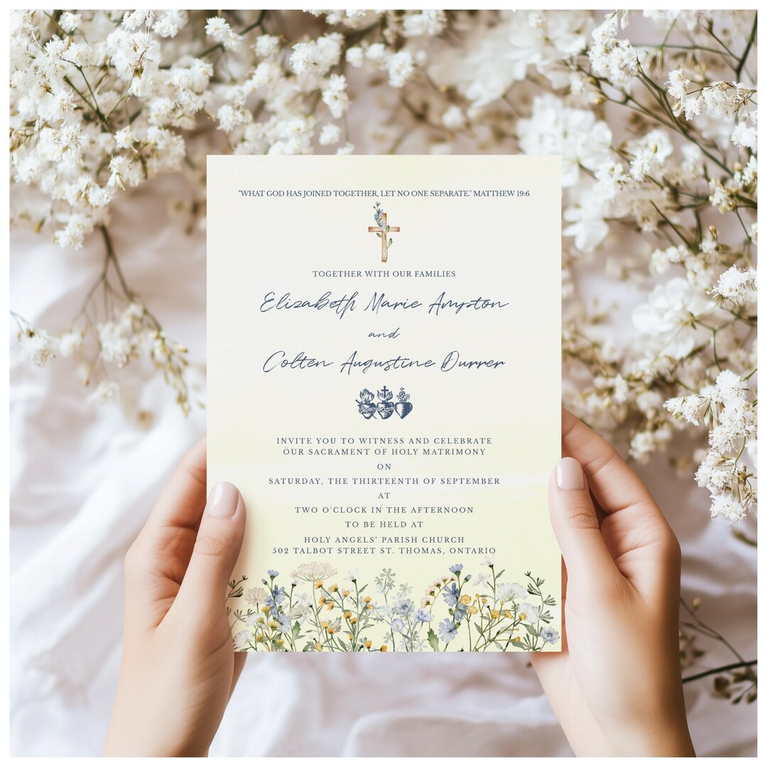 Catholic Wedding Invitation Template, Watercolor Blue Wildflower Church ...