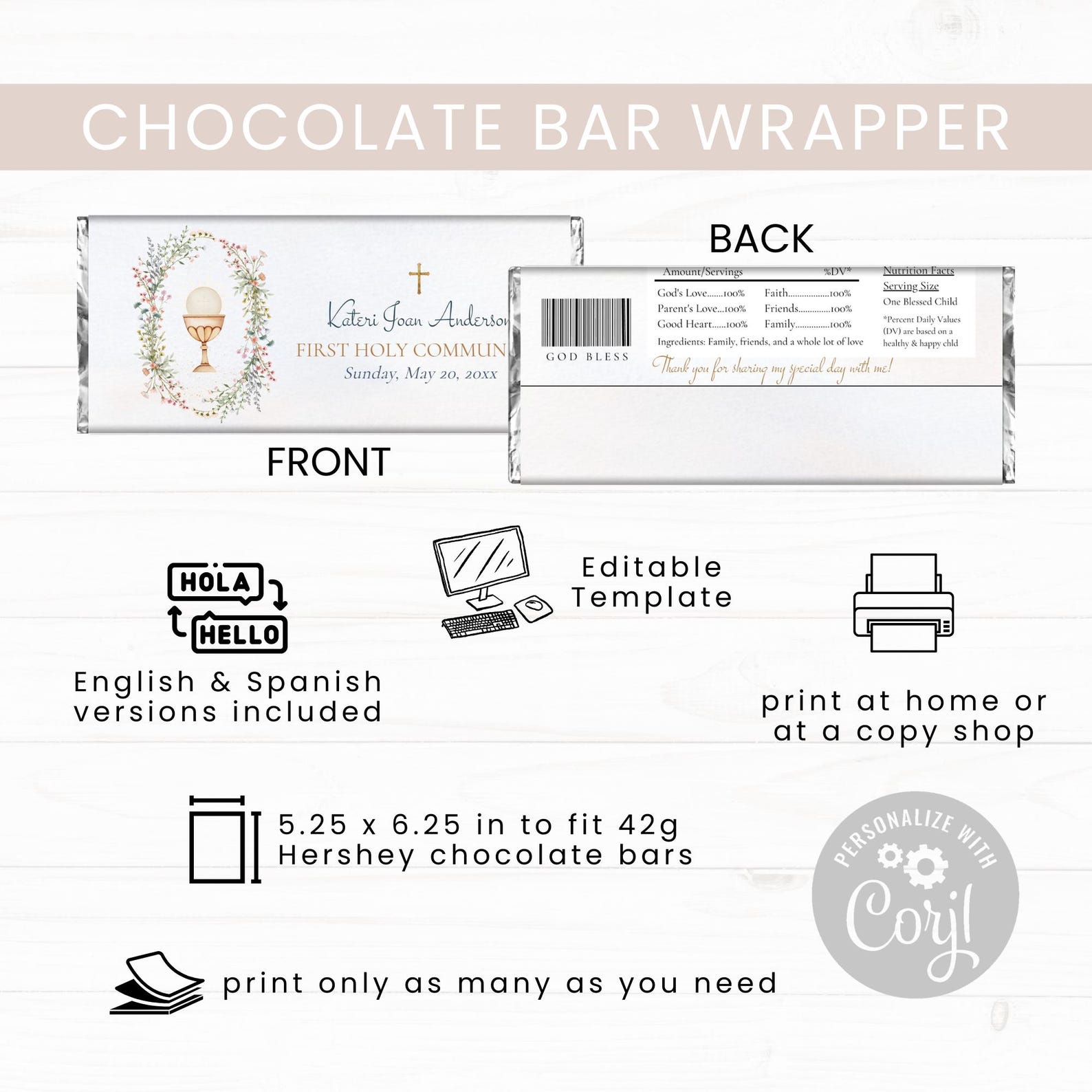 First Communion Chocolate Bar Wrapper Template: Catholic Party Favor ...