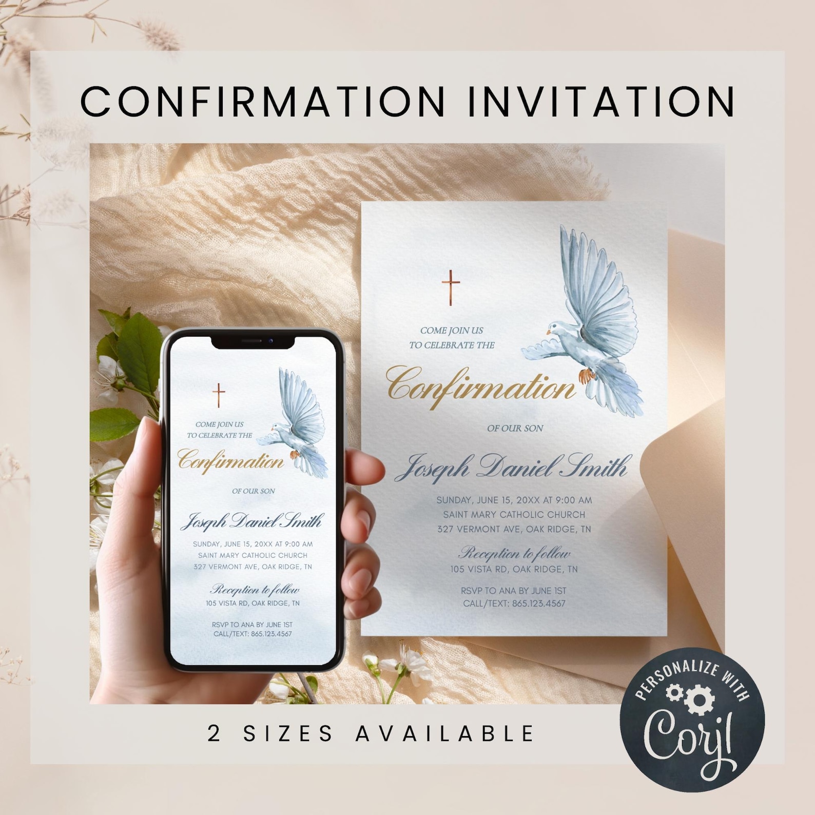Watercolor Dove Confirmation Invitation: Editable Religious Template ...