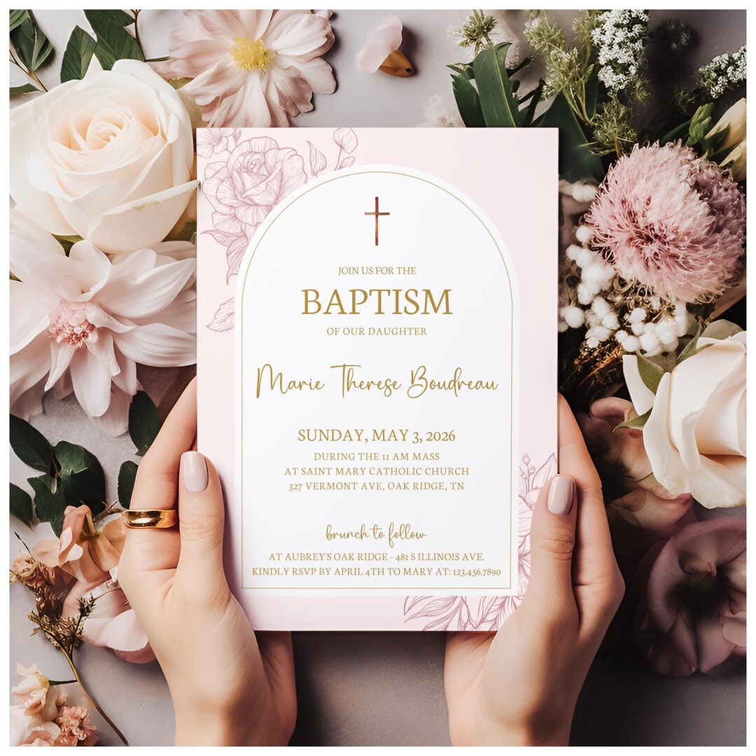 Pink Floral Baptism Invitation Template: Hand-drawn Blush Christening E ...