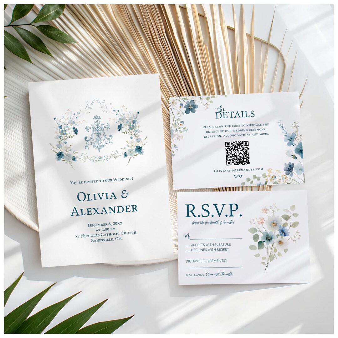 Catholic Wedding Invitation Suite – Watercolor Blue Wildflower, Marian ...