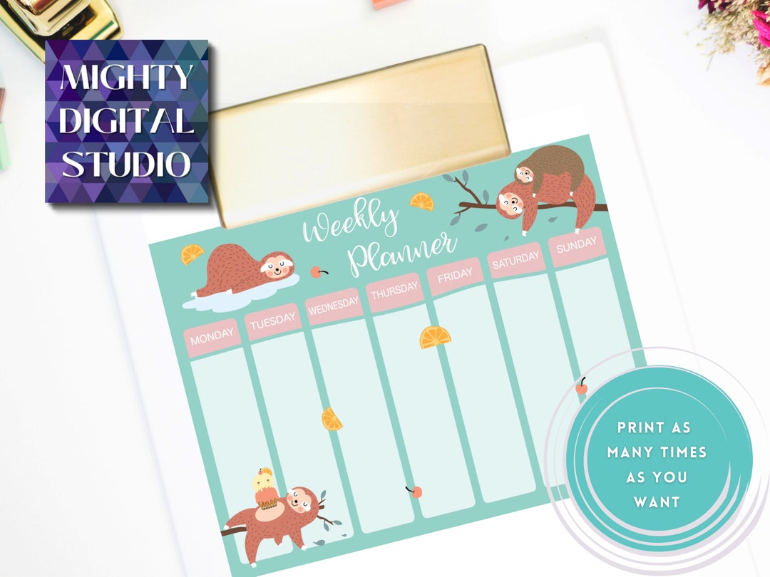Printable Planner, Landscape Horizontal, Cute Sloths Weekly Overview ...