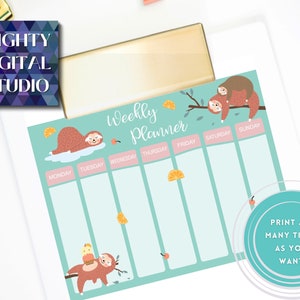 Printable Planner, Landscape Horizontal, Cute Sloths Weekly Overview ...