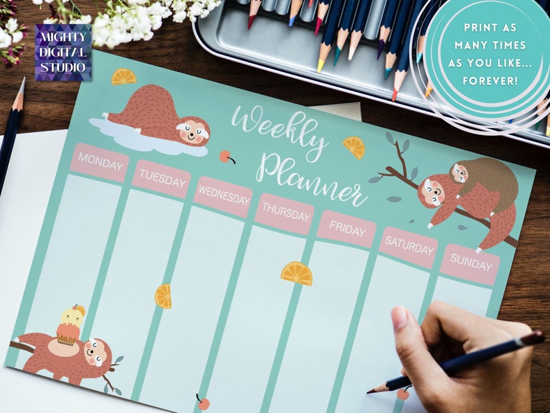 Printable Planner, Landscape Horizontal, Cute Sloths Weekly Overview ...
