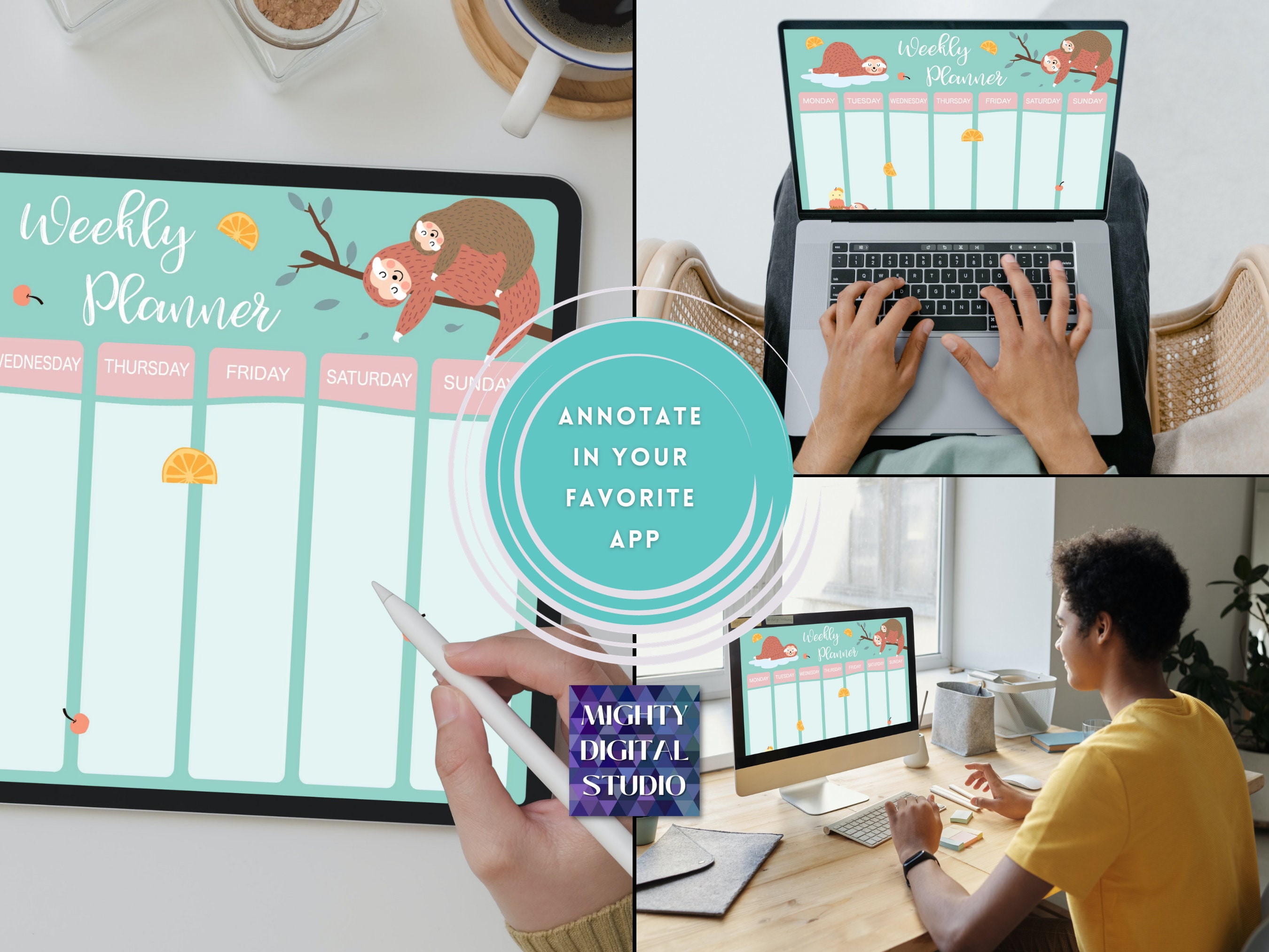 Printable Planner, Landscape Horizontal, Cute Sloths Weekly Overview ...
