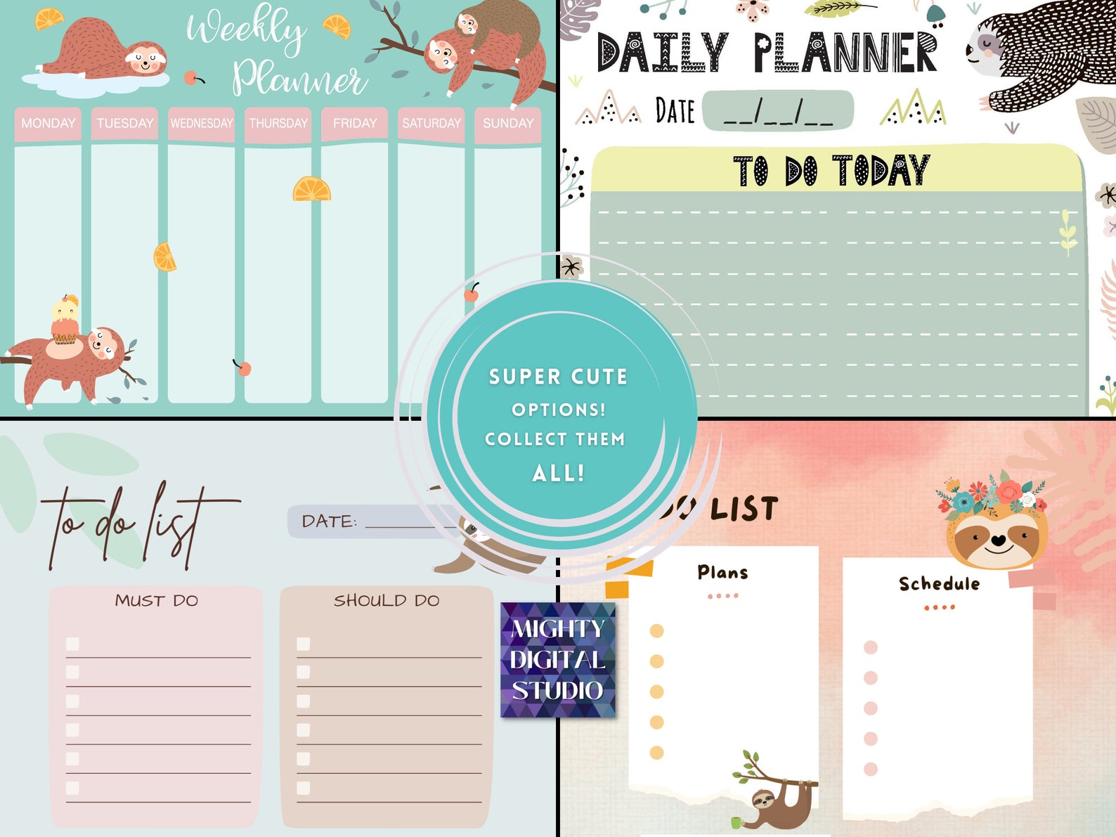 Printable Planner, Landscape Horizontal, Cute Sloths Weekly Overview ...