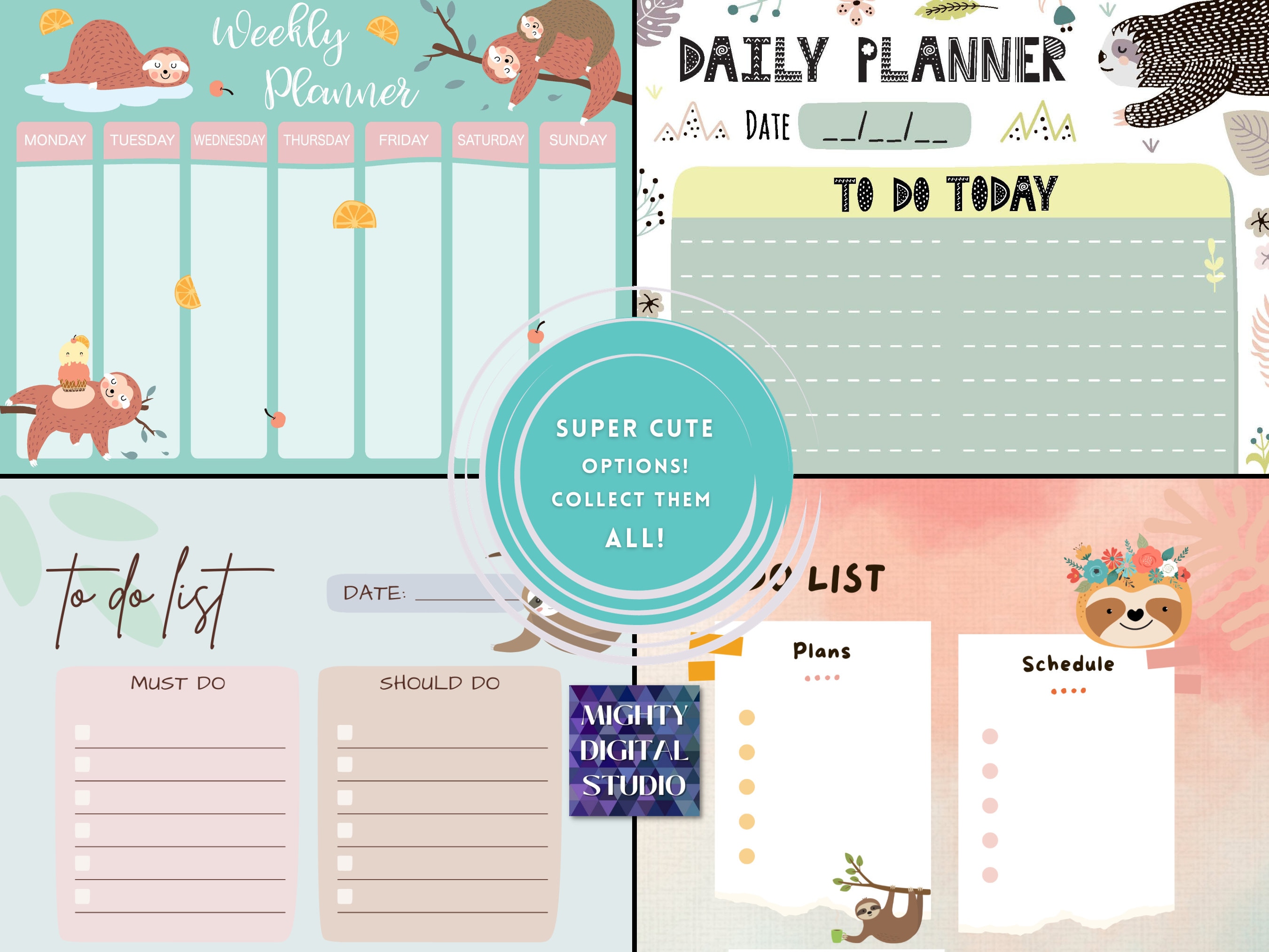 Printable Planner, Landscape Horizontal, Cute Sloths Weekly Overview ...