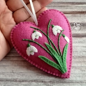 Pink Felt Heart Ornament With Snowdrops, Spring Snowbell Flowers ...