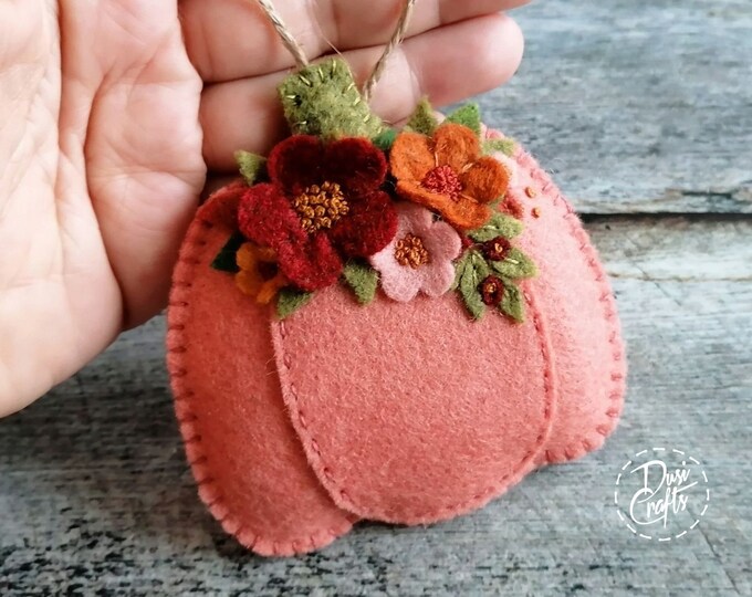 Wool Felt Fall Pink Pumpkin Ornaments With Flowers, Handmade Pumpkin ...