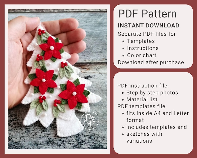 Pattern for Felt Christmas Tree With Poinsettias Ornament PDF Hand ...