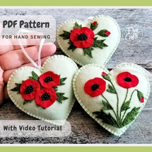 Felt Floral Poppy Heart Ornaments PDF Tutorial & Pattern for Hand ...