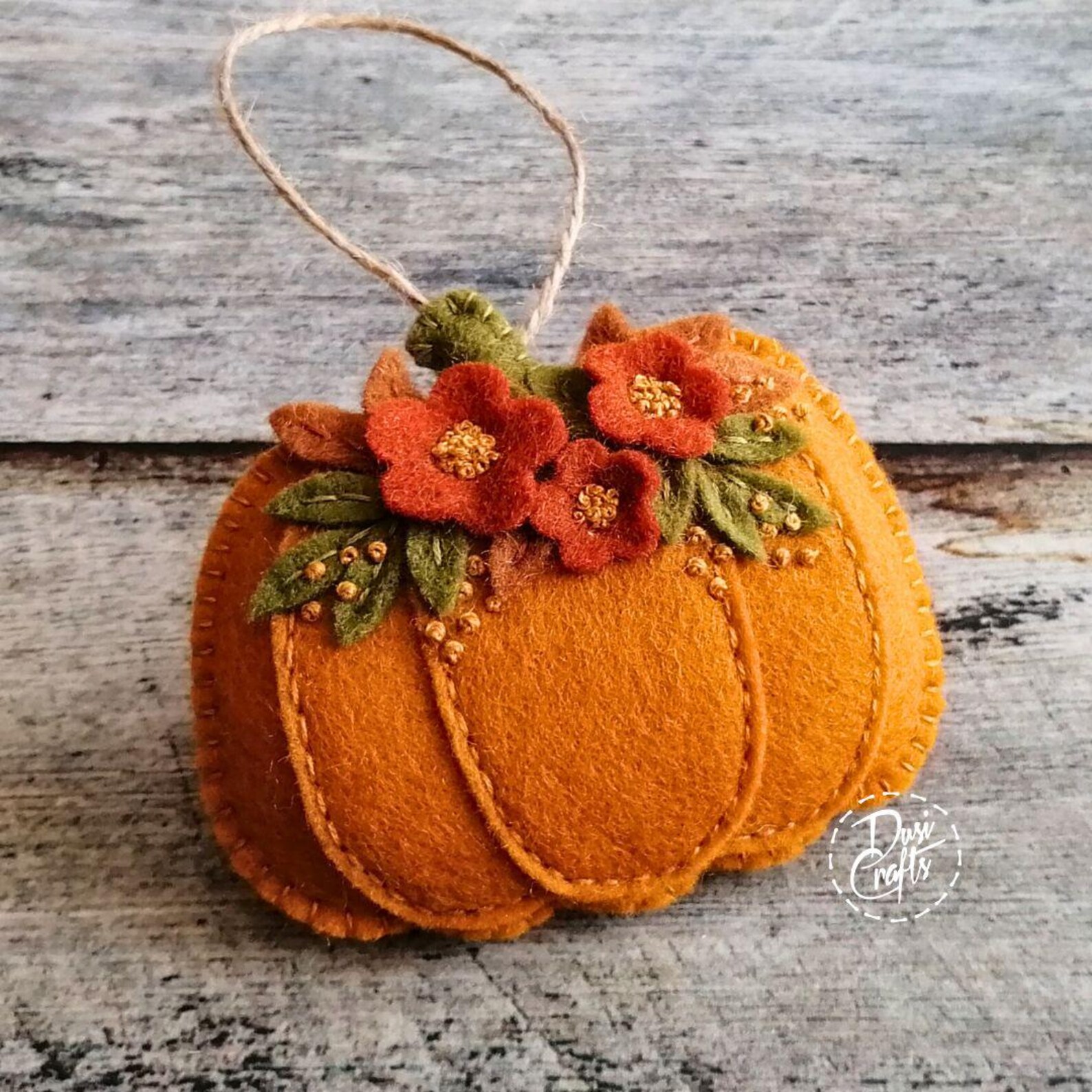 Wool Felt Fall Orange Pumpkin Ornaments With Flowers, Handmade Floral ...