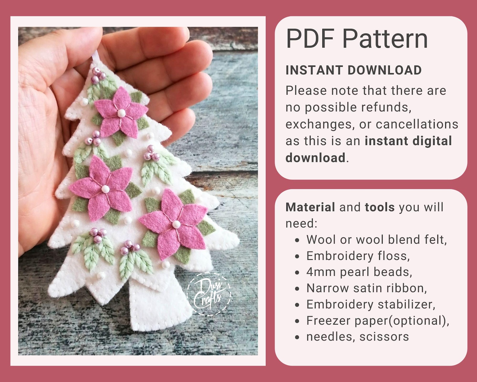 Pattern for Felt Christmas Tree With Poinsettias Ornament PDF Hand ...