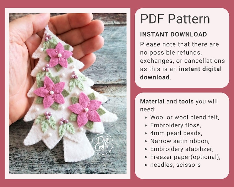 Pattern for Felt Christmas Tree With Poinsettias Ornament PDF Hand ...