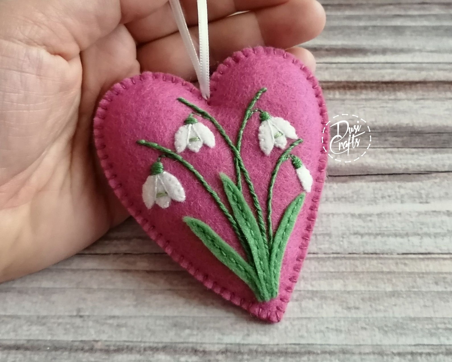 Pink Felt Heart Ornament With Snowdrops, Spring Snowbell Flowers ...