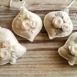 Wool Felt White Floral Bell Bauble Ornament With Roses and Grey Leaves ...