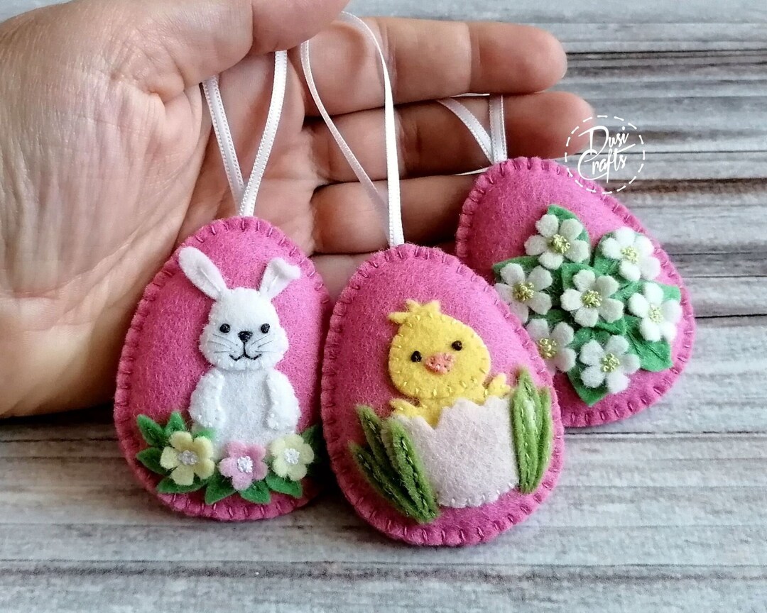 Easter Bunny, Chick and Spring Flowers Felt Egg Ornaments / Set of 3 ...