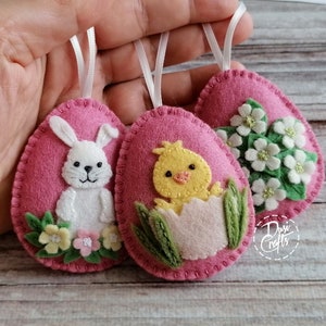Easter Bunny, Chick and Spring Flowers Felt Egg Ornaments / Set of 3 ...