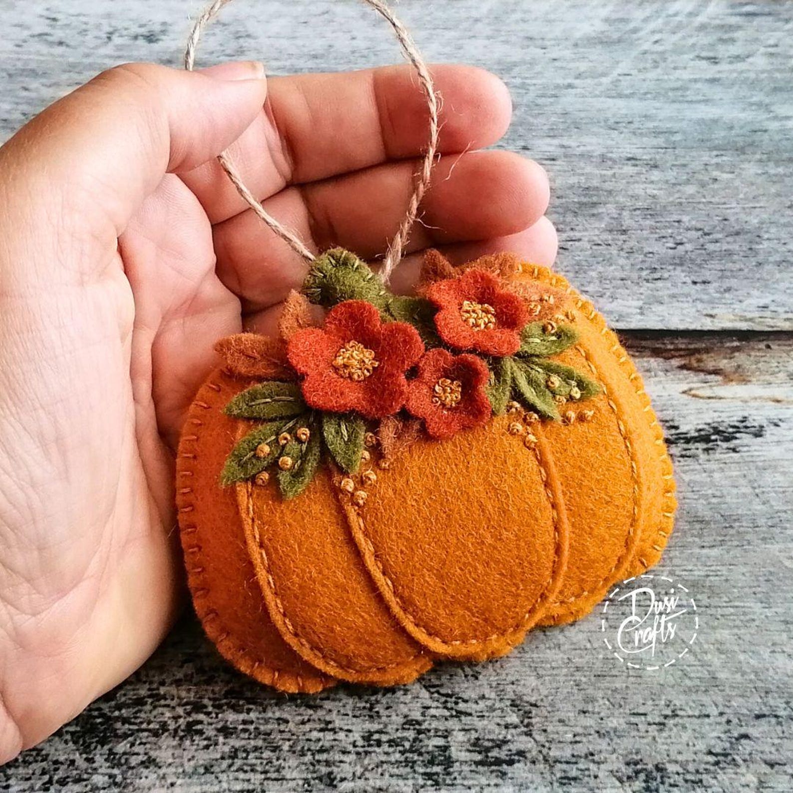 Wool Felt Fall Orange Pumpkin Ornaments With Flowers, Handmade Floral ...