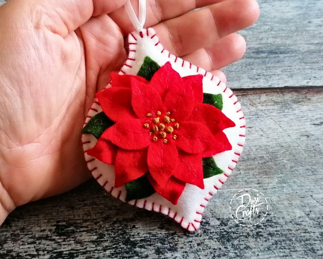 Bigger Wool Felt Bauble Ornaments in Red White With Poinsettia Flowers ...
