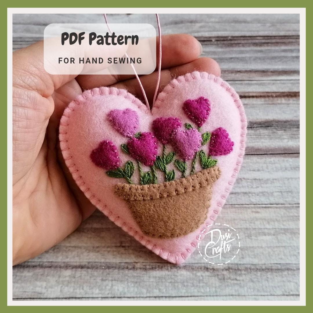 Pattern for Felt Heart Flower Pots Ornaments, PDF Hand Sewing Tutorial ...