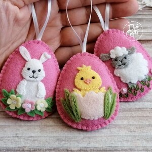 Easter Bunny, Chick and Spring Flowers Felt Egg Ornaments / Set of 3 ...