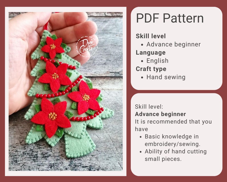 Pattern for Felt Christmas Tree With Poinsettias Ornament PDF Hand ...