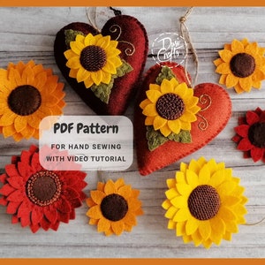 Felt Sunflower Heart Ornaments PDF Tutorial & Pattern for Hand Sewing ...