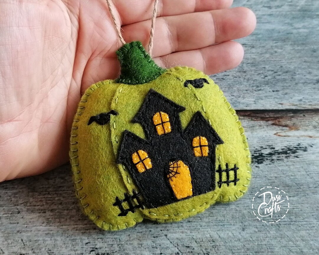 Halloween Pumpkin Ornament With Haunted House Motif Wool Felt - Etsy