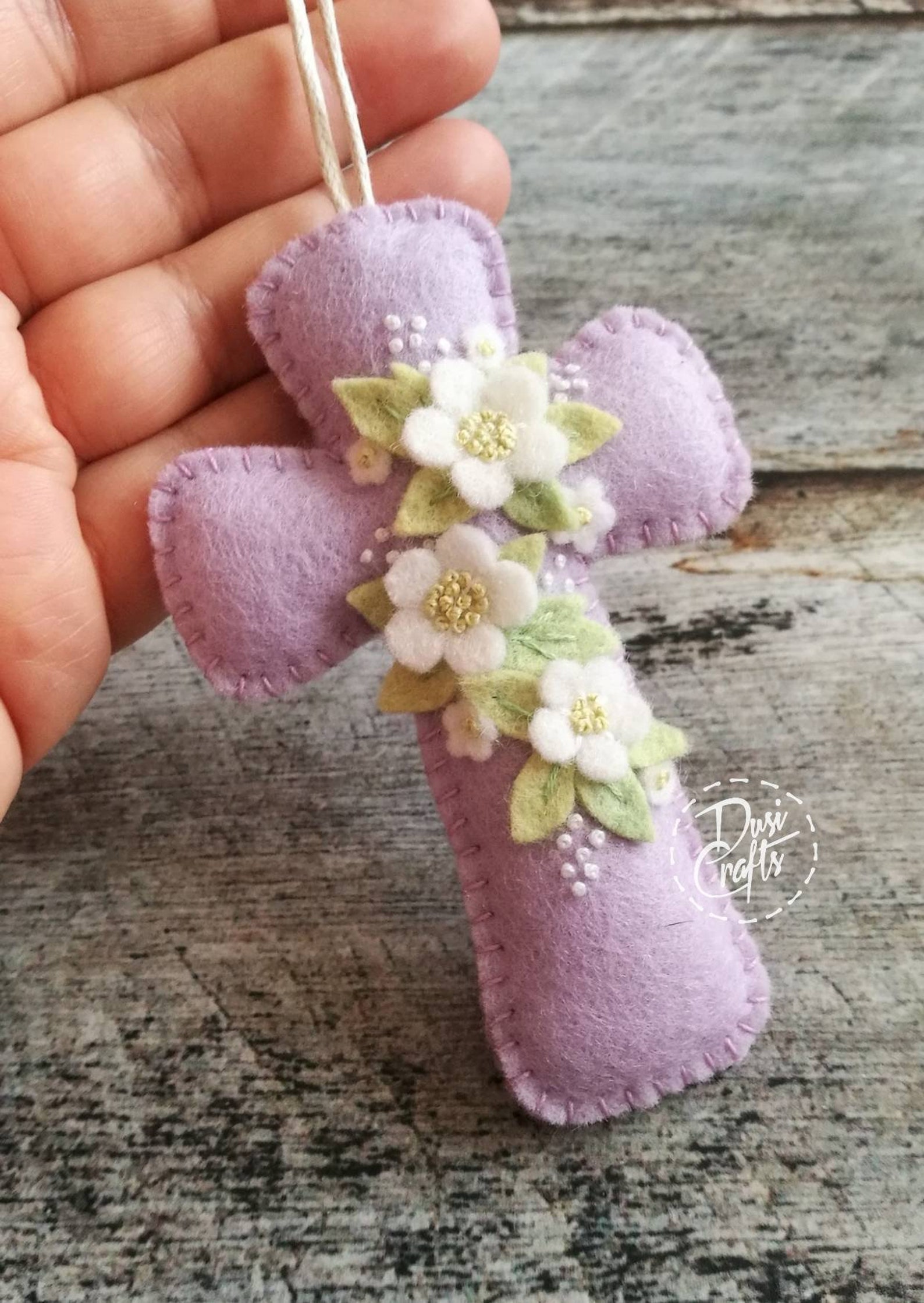 Wool Felt Cross Ornament With Flowers Lilac or Pink | Etsy