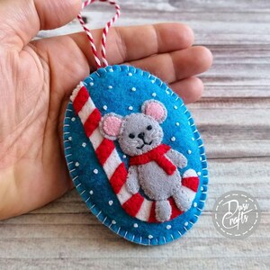Oval Christmas Mouse on Candy Cane Felt Ornament With Dark Blue ...