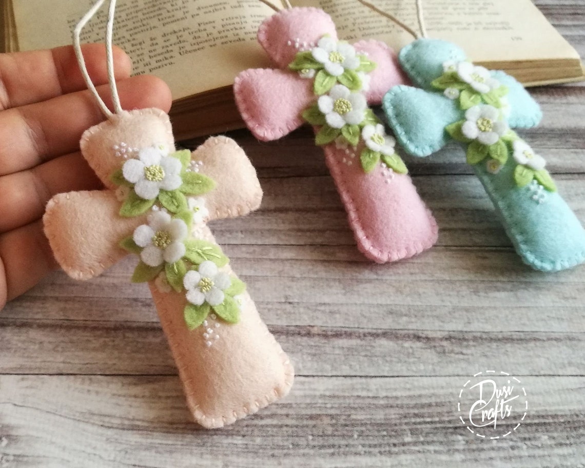Wool Felt Cross Ornament With Flowers Lilac or Pink - Etsy