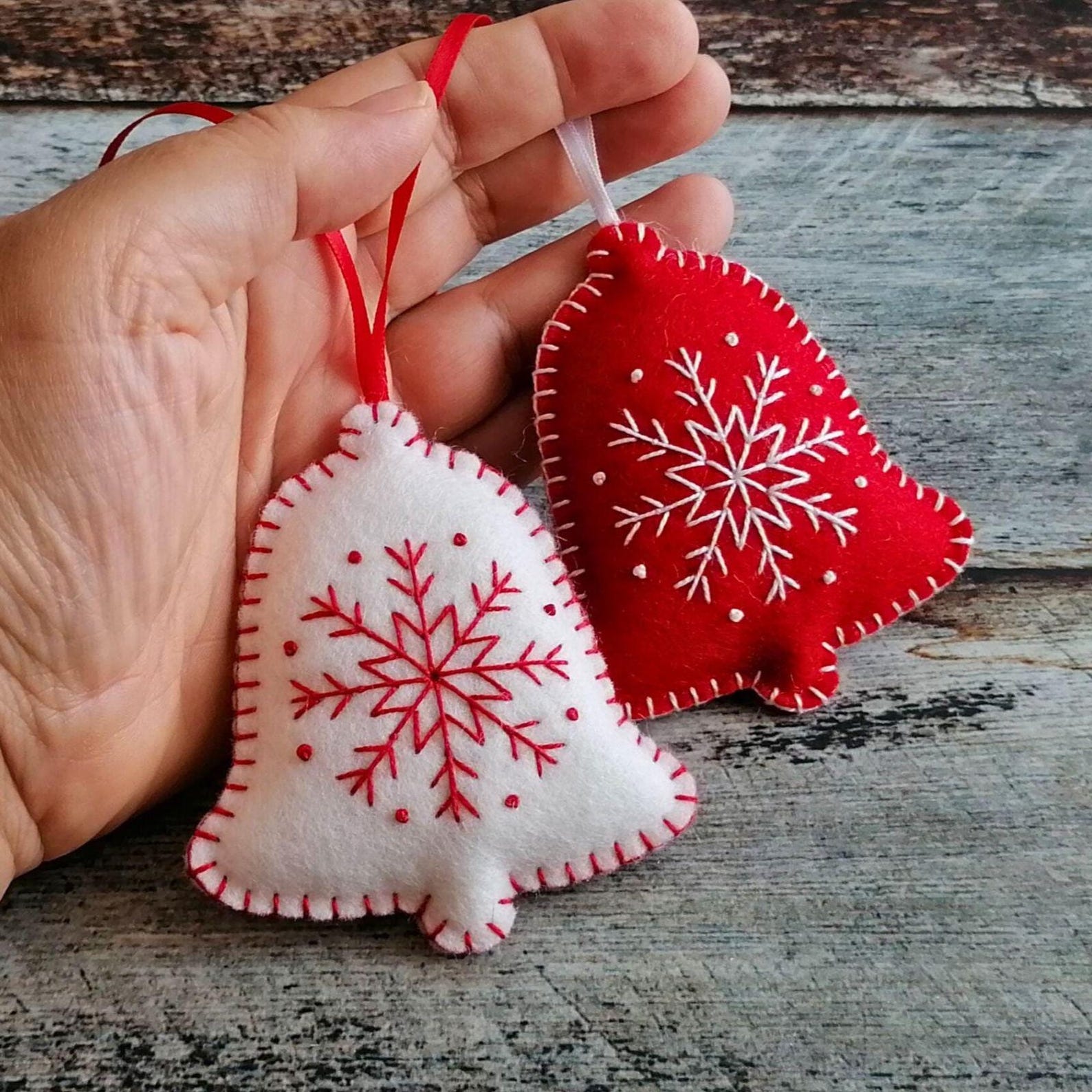 Set of 2 Felt Christmas Bell Ornaments With Snowflake Hand Embroidery ...