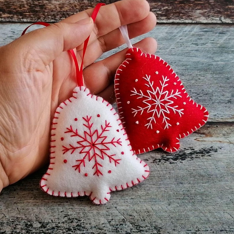 Set of 2 Felt Christmas Bell Ornaments With Snowflake Hand Embroidery ...