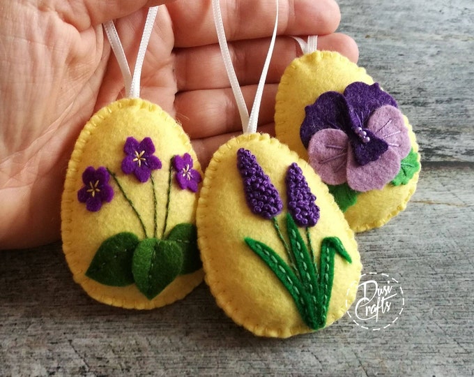 Felt Easter Decor, Yellow Eggs With Purple Flower Ornaments / Set of 3 ...