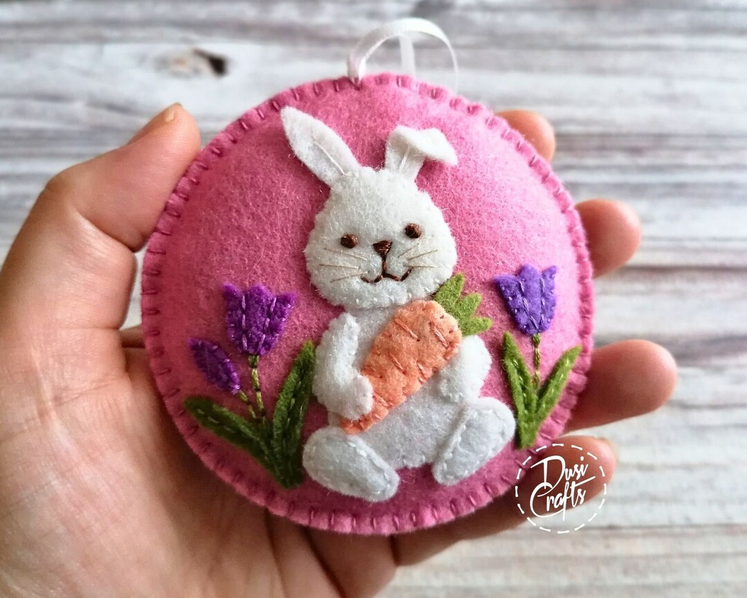 Bigger Pink Felt Ornament With Bunny and Carrot for Easter Decoration ...