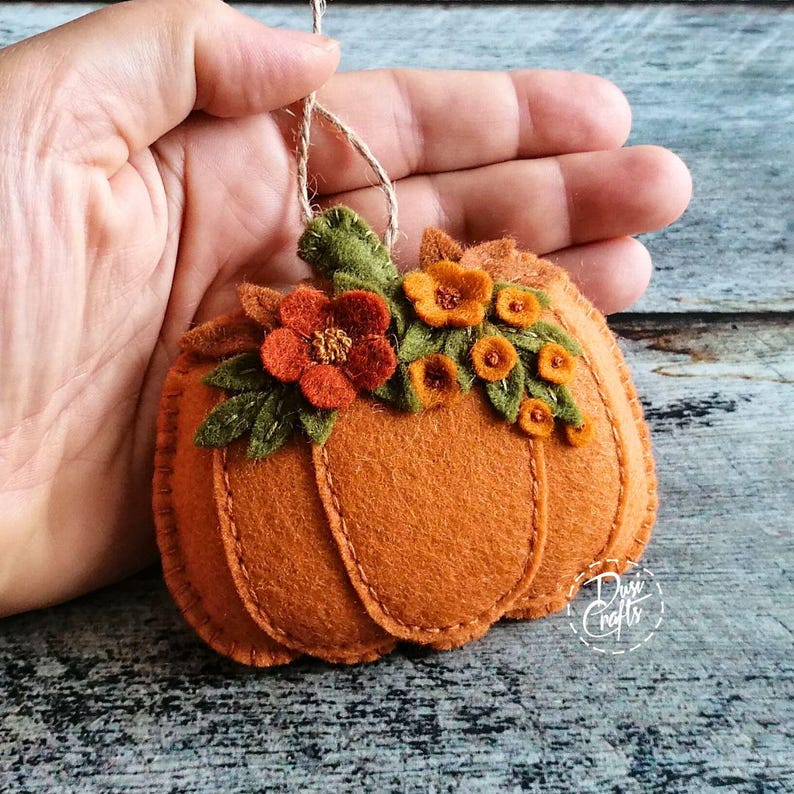 Wool Felt Fall Orange Pumpkin Ornaments With Flowers, Handmade Floral ...
